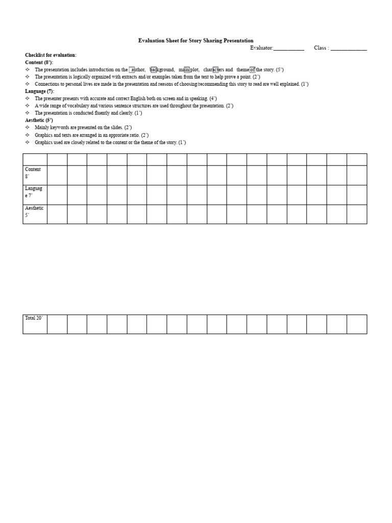Evaluation Sheet For Story Sharing Presentation | PDF