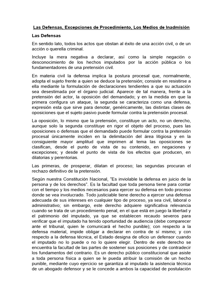 Las Defensas, Excepciones de Procedimiento, Los Medios de Inadmision ...