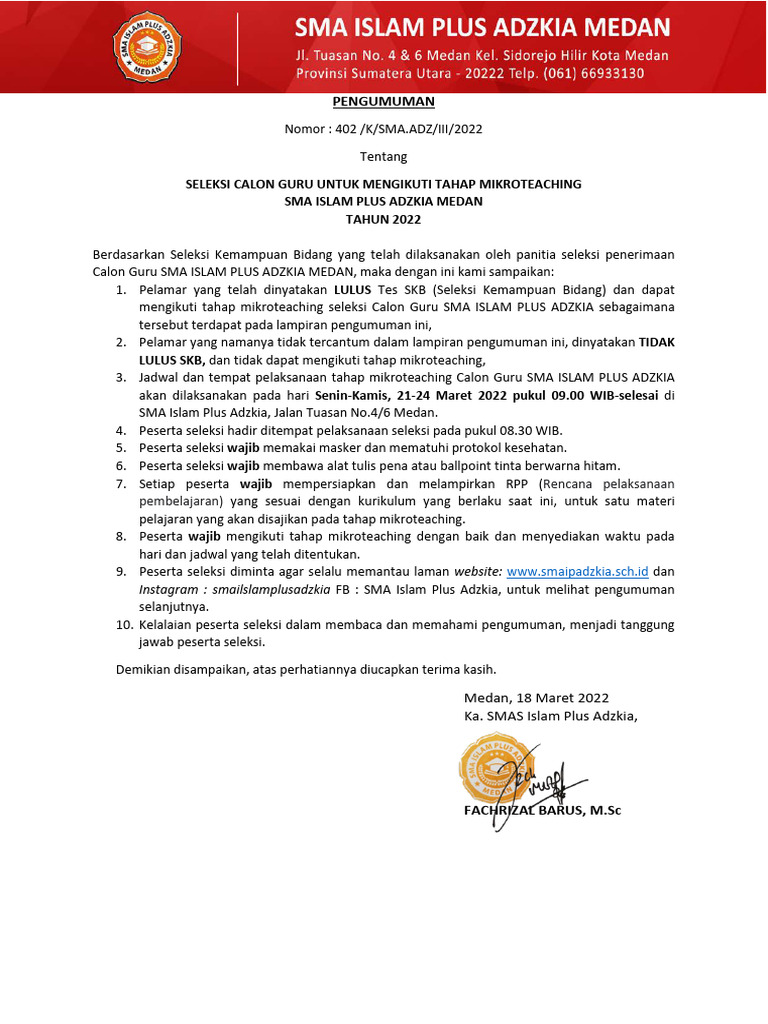 Pengumuman Hasil SKB Dan Pelaksanaan Microteaching Seleksi Guru SMA IP Adzkia Tahun 2022 | PDF