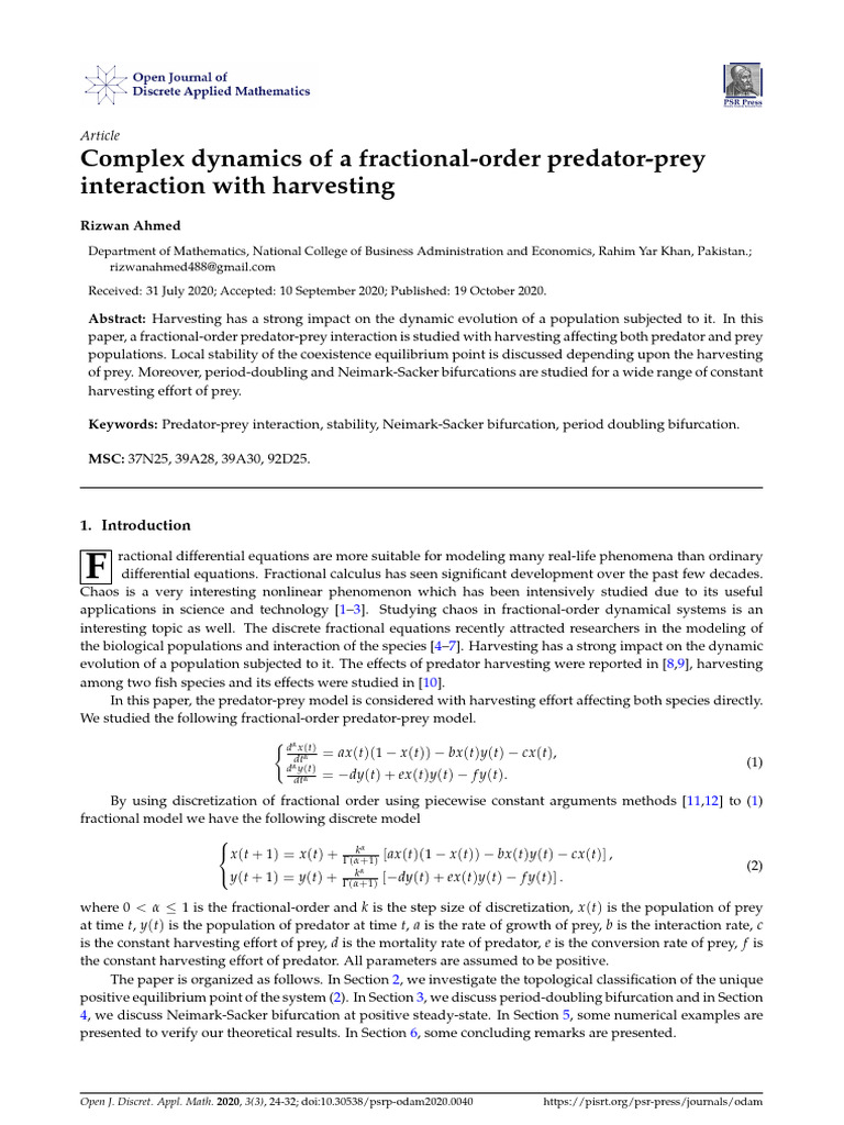 2020 Complex Dynamics Of A Fractional Order Predator Prey Interaction With Harvesting Pdf
