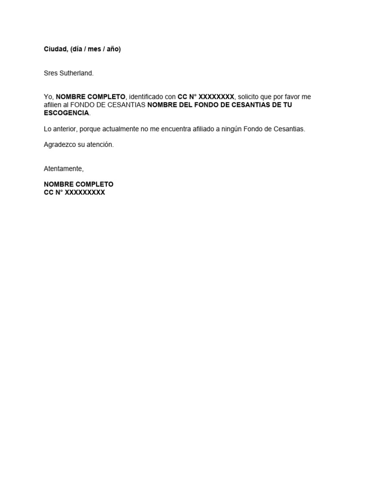 Modelo Carta Solicitud Afiliación A CESANTIAS | PDF Modelo Carta Solicitud Afiliación A CESANTIAS | PDF
