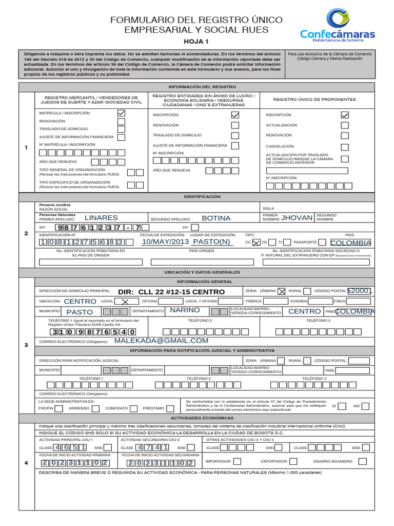 Formulario Del Registro Único Empresarial y Social RUES | PDF