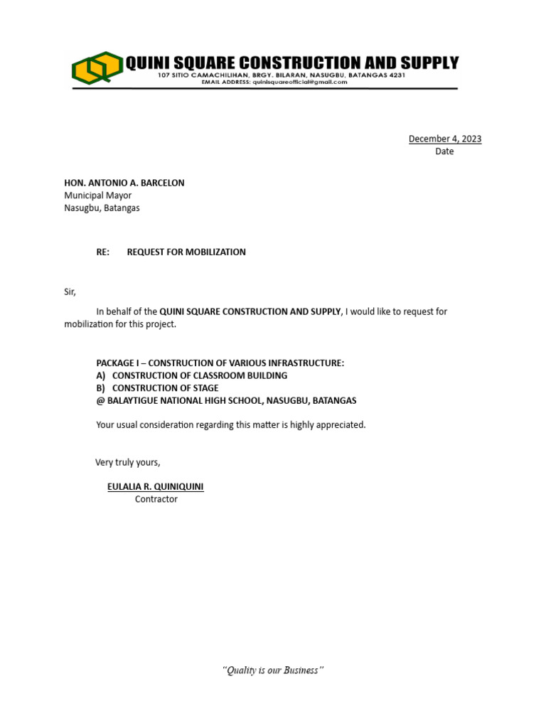 Request For Mobilization 01 | PDF