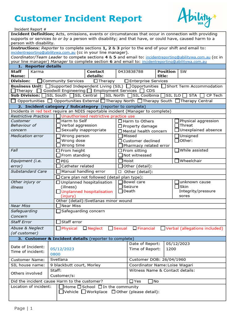 Customer Incident Report: Red Text Unauthorised Restrictive Practice ...