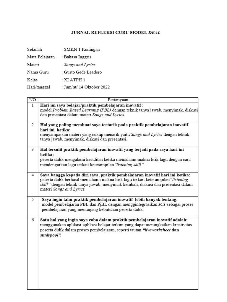 Refleksi Guru: Pembelajaran Inovatif | PDF | Pengembangan Diri