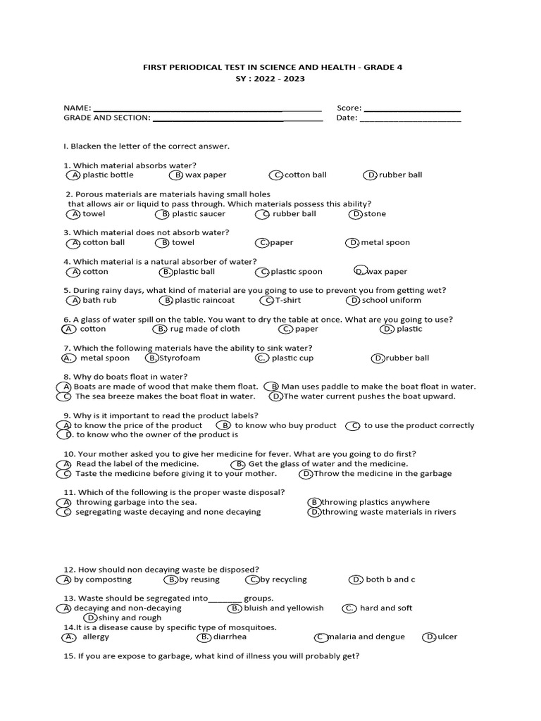 Grade 4 Science and Health Test | PDF | Waste | Water