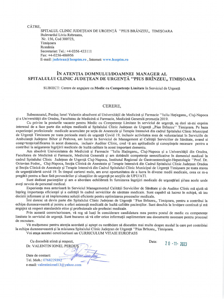 Cerere de Angajare Către SCJU Pius Brînzeu TIMISOARA | PDF