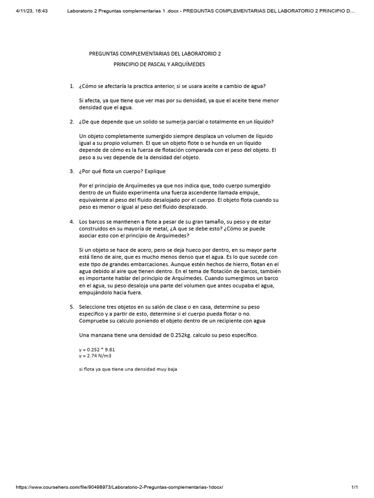 γ = 0.252 * 9.81 γ = 2.74 N/m3 si ﬂota ya que ene una densidad muy baja | PDF | Densidad | Líquidos