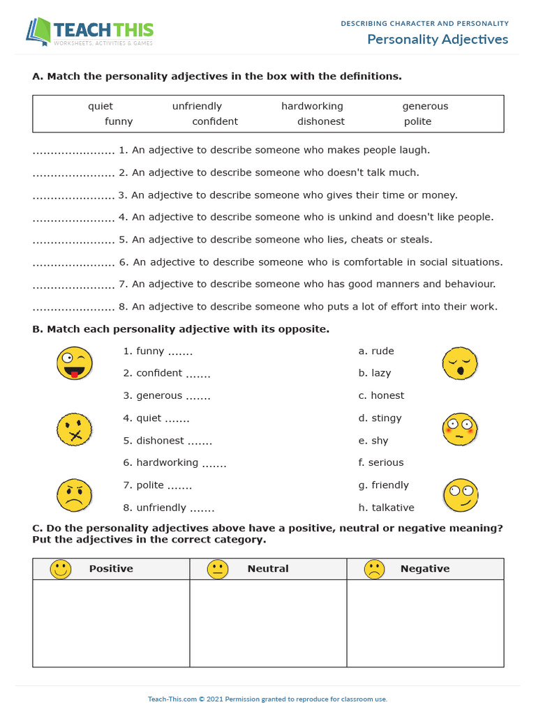Personality Adjectives Worksheet 2 3 | PDF