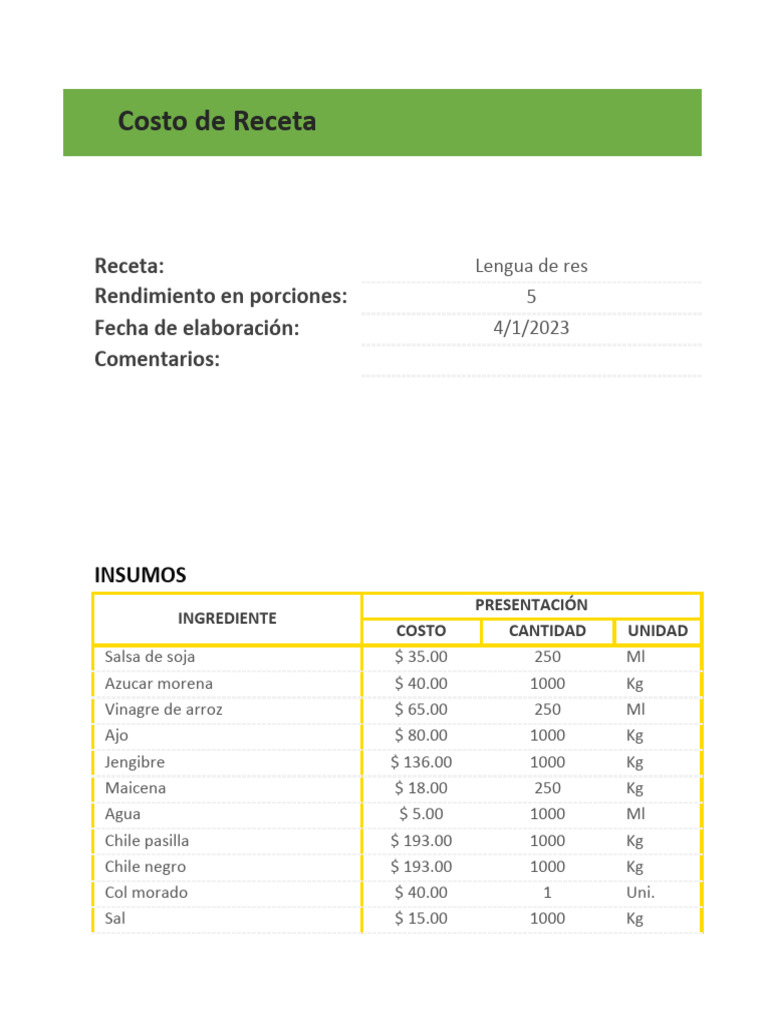 Costeo Recetas | PDF | Alimentos | Ingredientes de comida