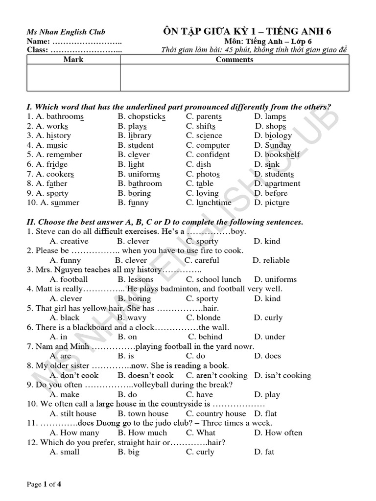 Đề Cương Giữa Kỳ 1- Anh 6 | PDF