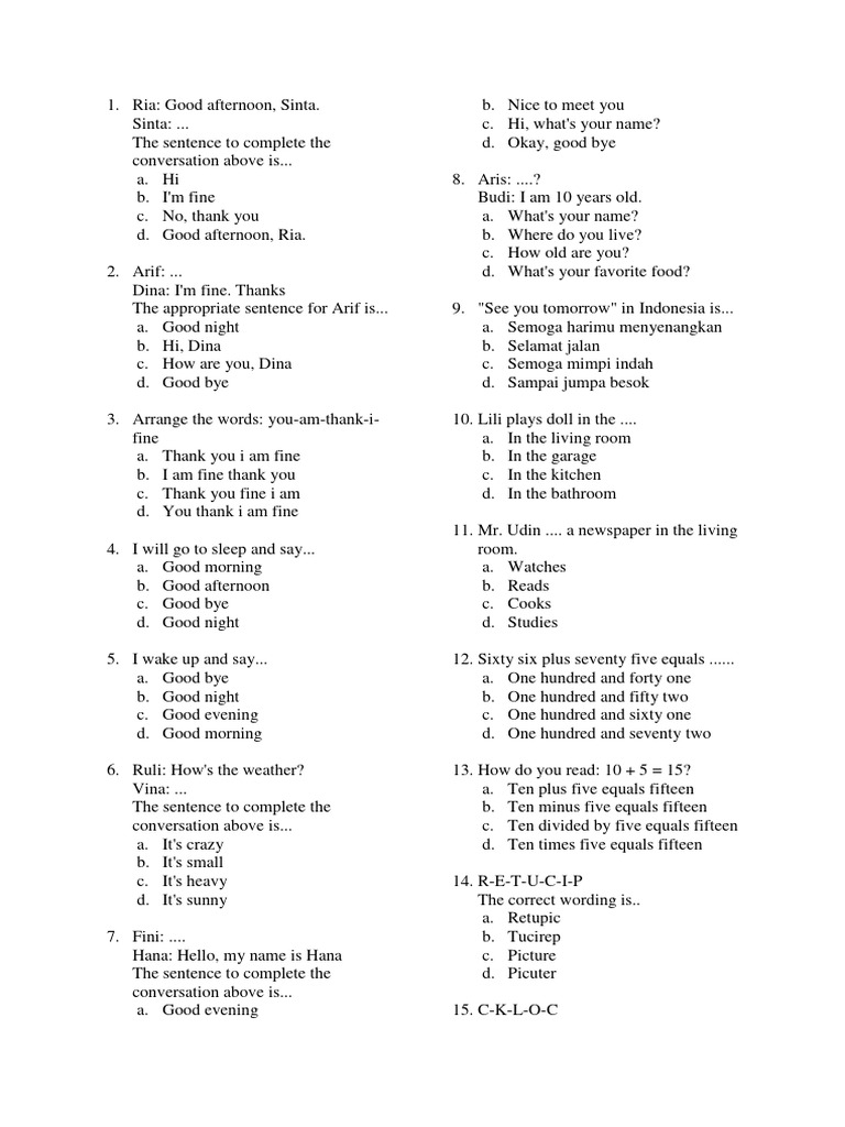 English Uas 1 Grade 4 | PDF