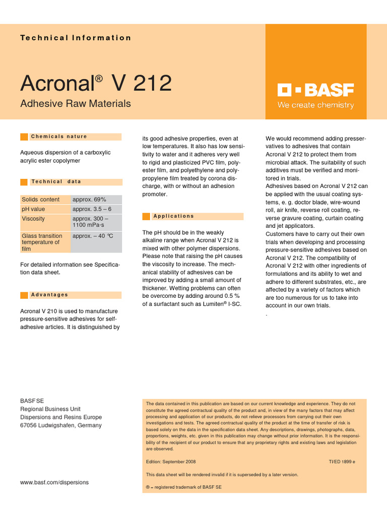 TDS - Acronal V 212 | Download Free PDF | Adhesive | Materials Science