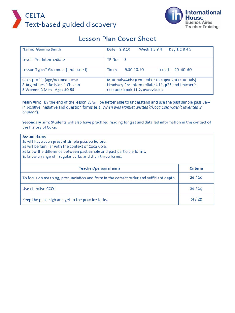 Text-Based Guided Discovery (Grammar) Lesson Plan - CELTA | PDF | The Coca Cola Company | Coca Cola