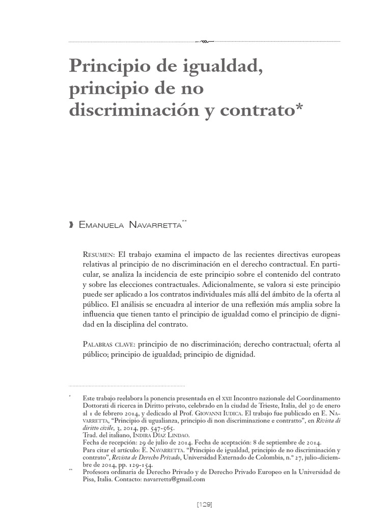 Navarretta, Emanuela - Principio de Igualdad, Principio de No Discriminación y Contrato ...