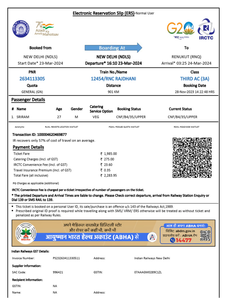 12454/RNC RAJDHANI Third Ac (3A) | PDF | Identity Document