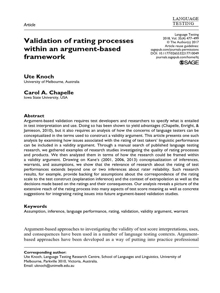Validation of Rating Processes Within An Argument-Based Framework | PDF ...