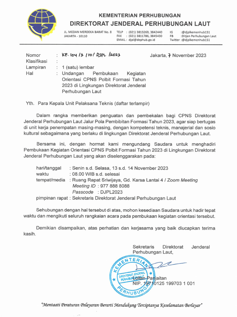 Undangan para Kepala UPT Pembukaan Kegiatan Orientasi CPNS Polbit ...