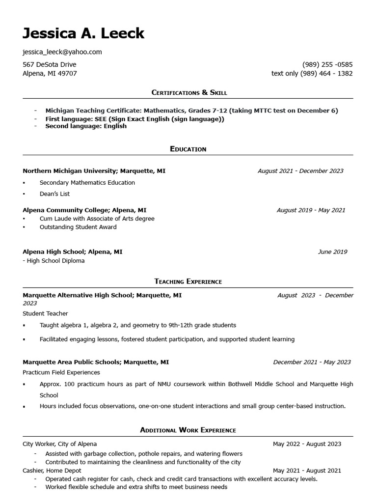 Jessica Leeck: Math Educator Resume | PDF