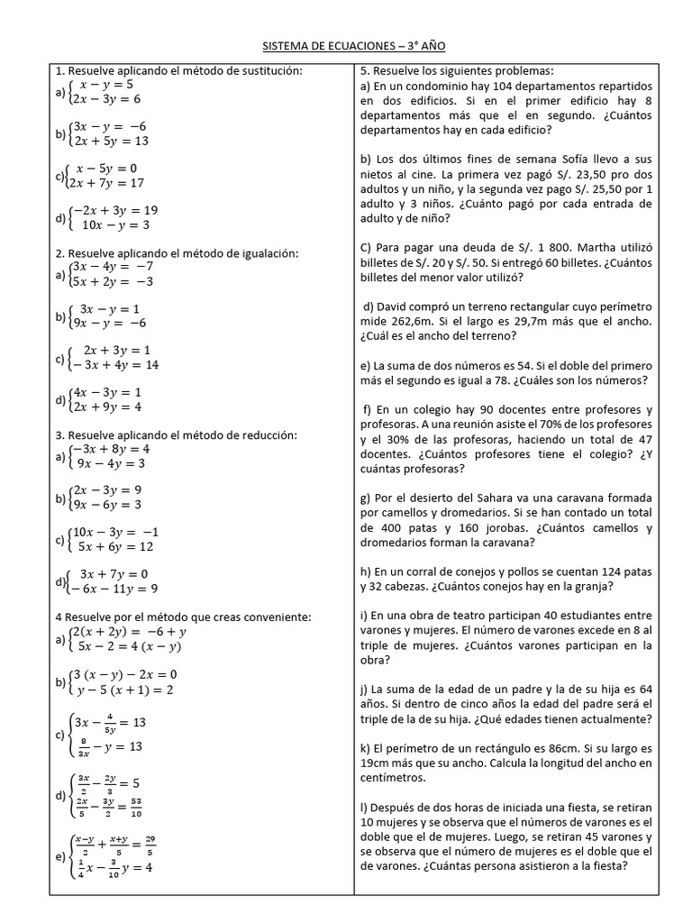 Sistema de Ecuaciones - 3° | PDF