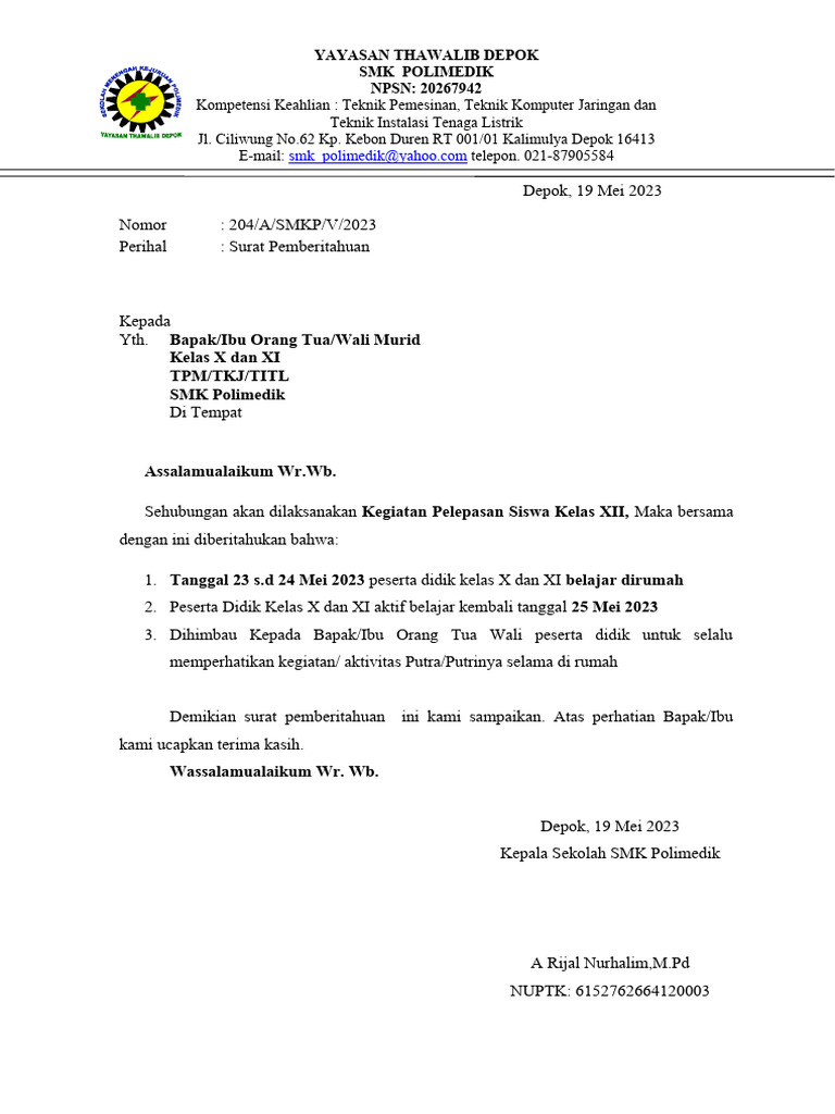 Surat Pemberitahuan libur awal puasa | PDF