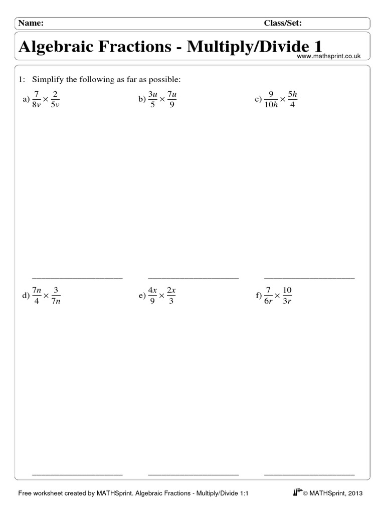 A Algebraic Fractions Multiply Divide 1 | PDF | Division (Mathematics ...