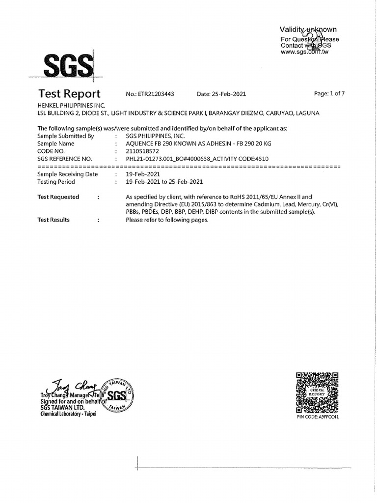 Aquence FB 290 ROHS Test Report | PDF
