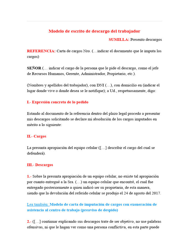 Modelo de Escrito de Descargo Del Trabajador | PDF