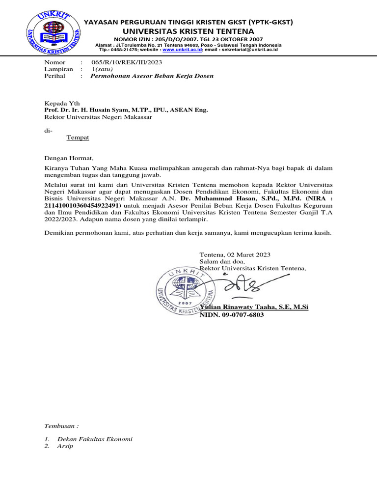 1.SURAT PERMOHONAN ASESOR BKD Bpk. Muh. Hasan Ganjil 2022-2023 | PDF