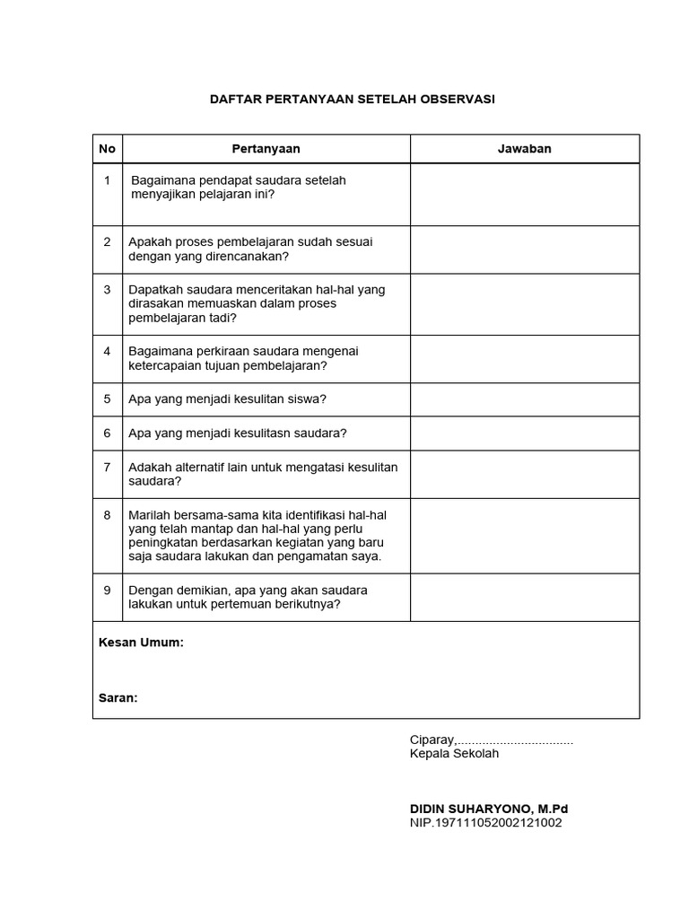 5.4. Form Daftar Pertanyaan Setelah Observasi | PDF
