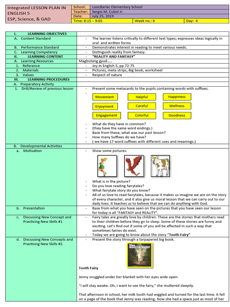 Cot 1ST Quarter Lesson Plan in Grade 5.2 | PDF | Learning | Lesson Plan