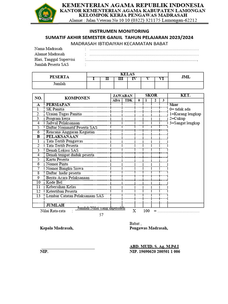 Instrumen Monev - Sas 1 2023-2024 | PDF