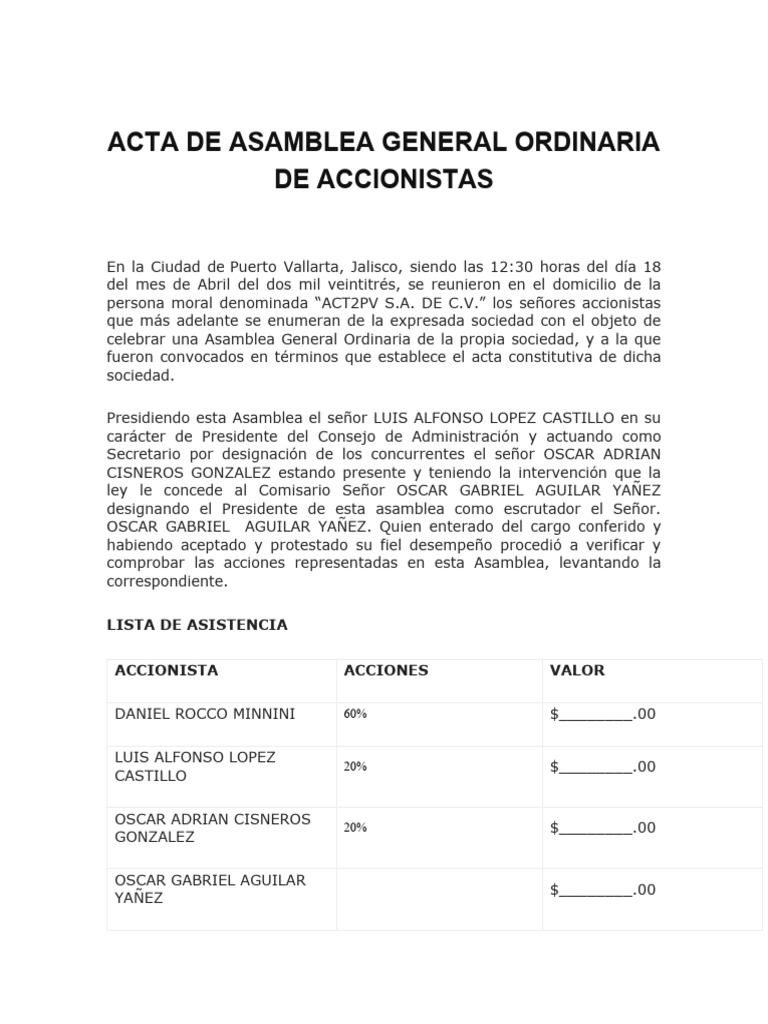 Acta de Asamblea General Ordinaria Act2pv | PDF
