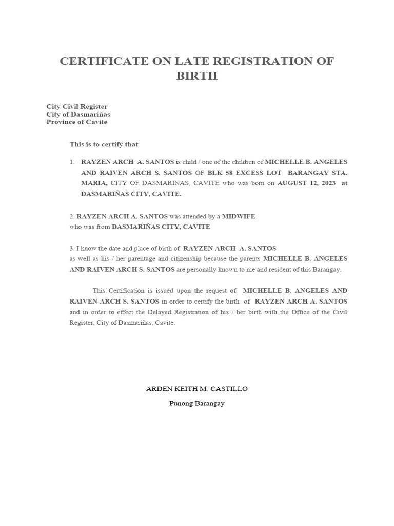 Certificate On Late Registration of Birth: City Civil Register City of ...