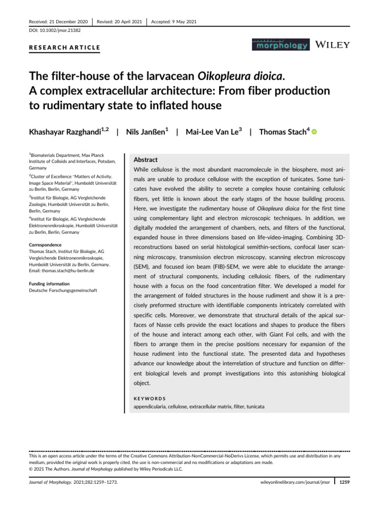 The Filter-House of The Larvacean Oikopleura Dioic | PDF | Microscope ...