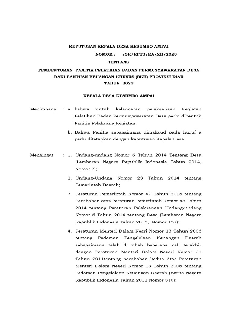 SK Pembentukan Panitia Pelatihan BPD BKK Propinsi 2023 | PDF | Griya ...