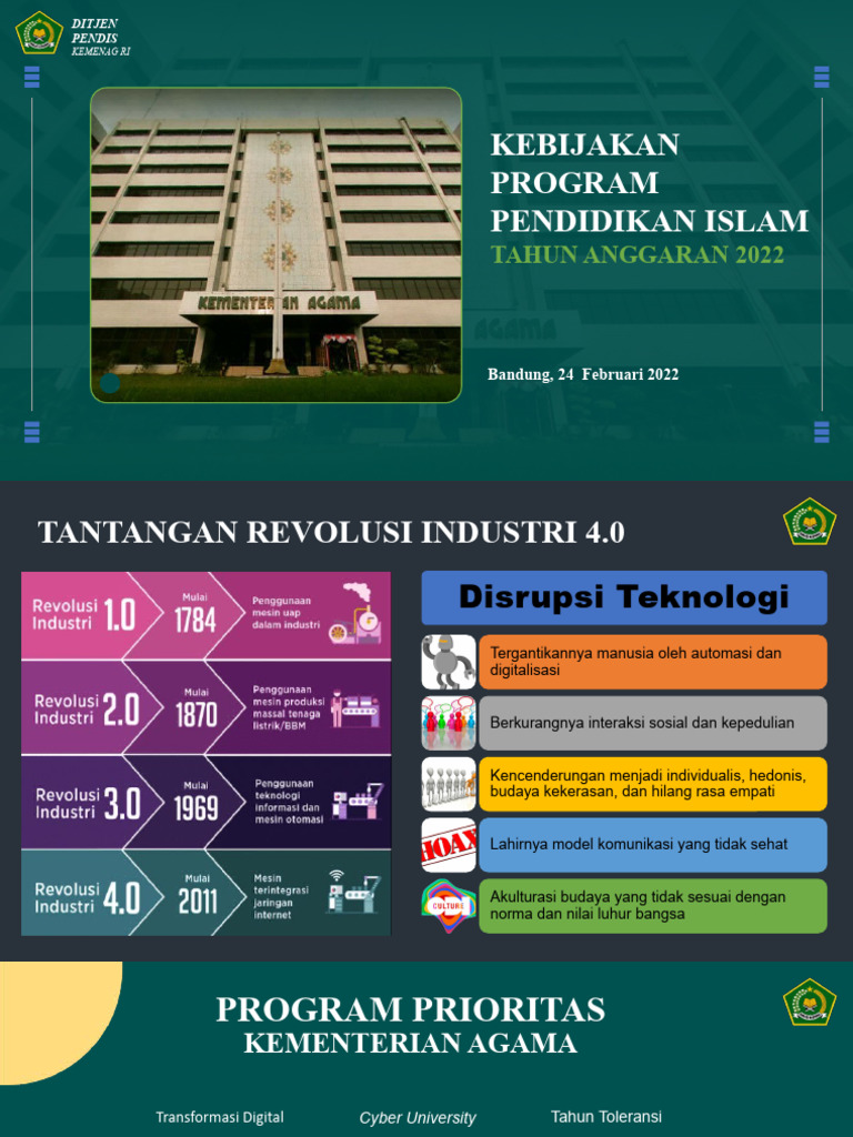 Kebijakan Program Pendidikan Islam TA 2022 - Dirjen Pendis Kemenag RI - Rev | PDF