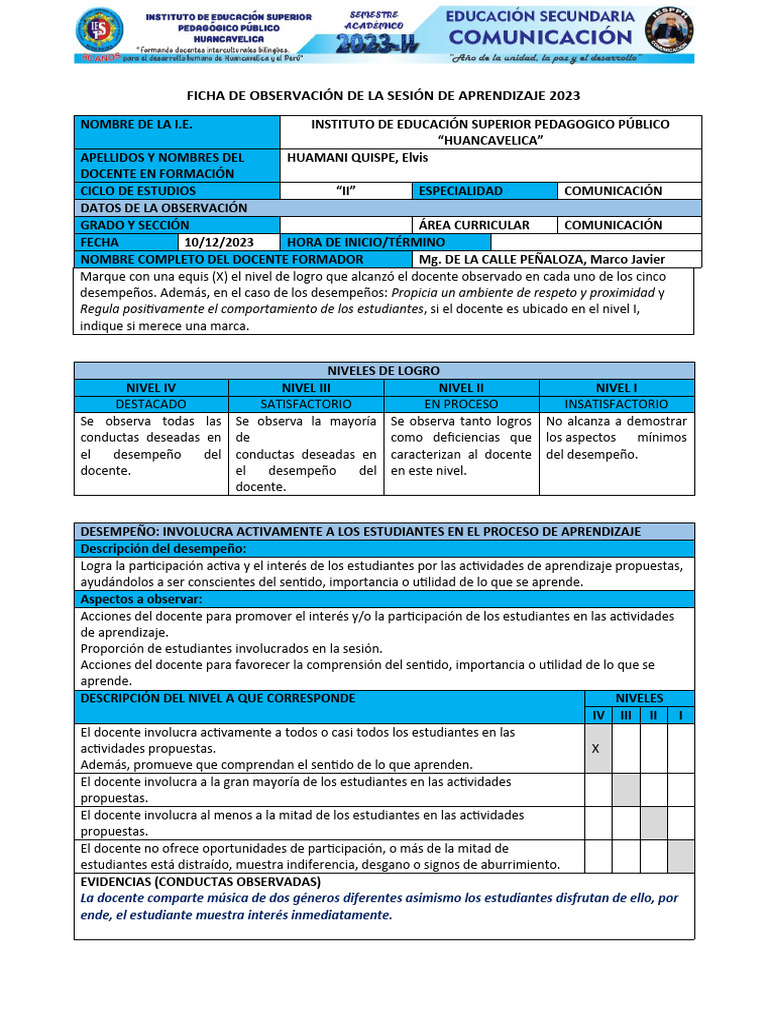 Ficha de Evaluación de Sesión de Aprendizaje - 2023 | PDF