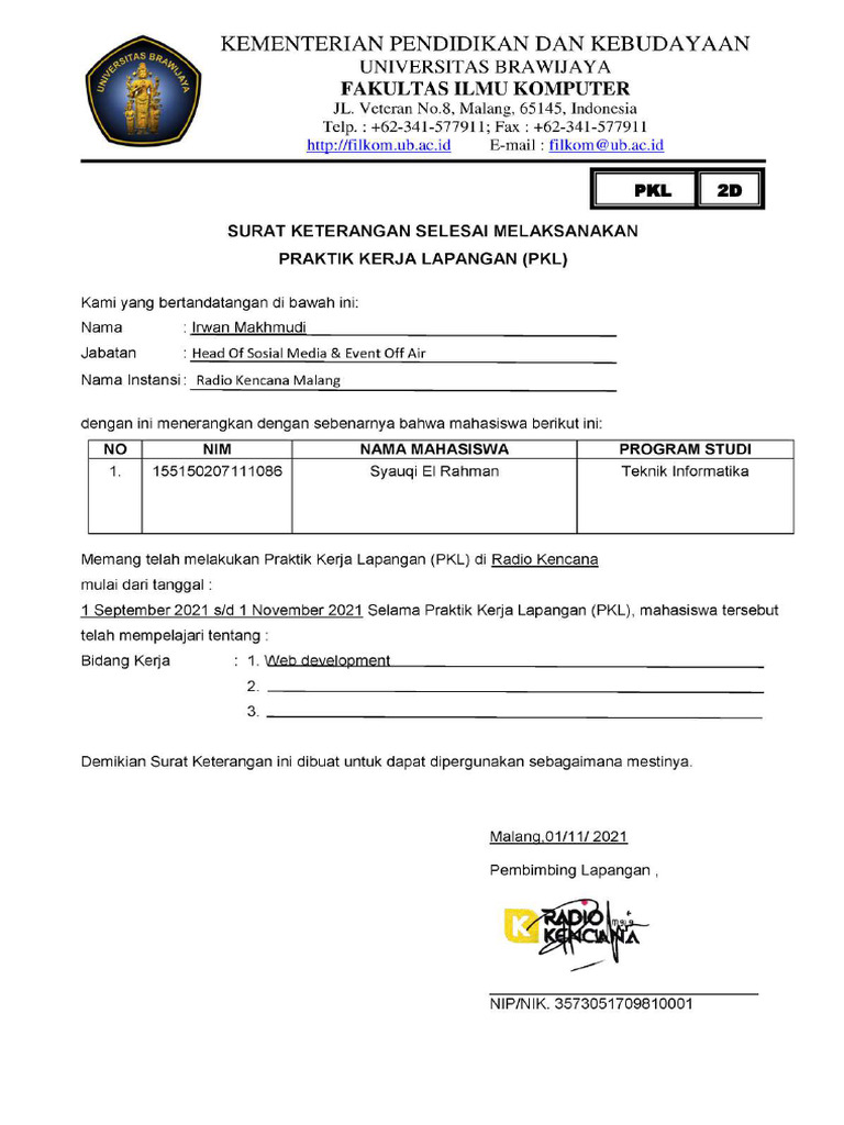 Contoh Surat Selesai PKL | PDF