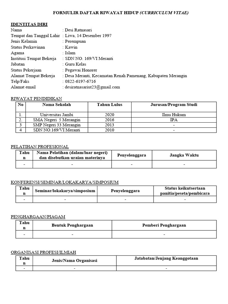 Daftar Riwayat Hidup (CV) Desi | PDF