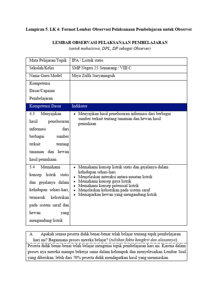 Lampiran 5. LK 4 Format Lembar Observasi Pelaksanaan Pembelajaran Untuk Observer | PDF | Karier ...