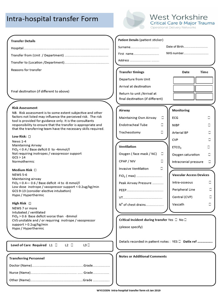 Final Wyccodn Intrahospital Transfer Form v3 Jan 19 3 | PDF | Diseases ...