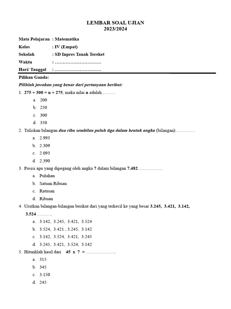 Soal Ujian Matematika Kelas IV SD | PDF