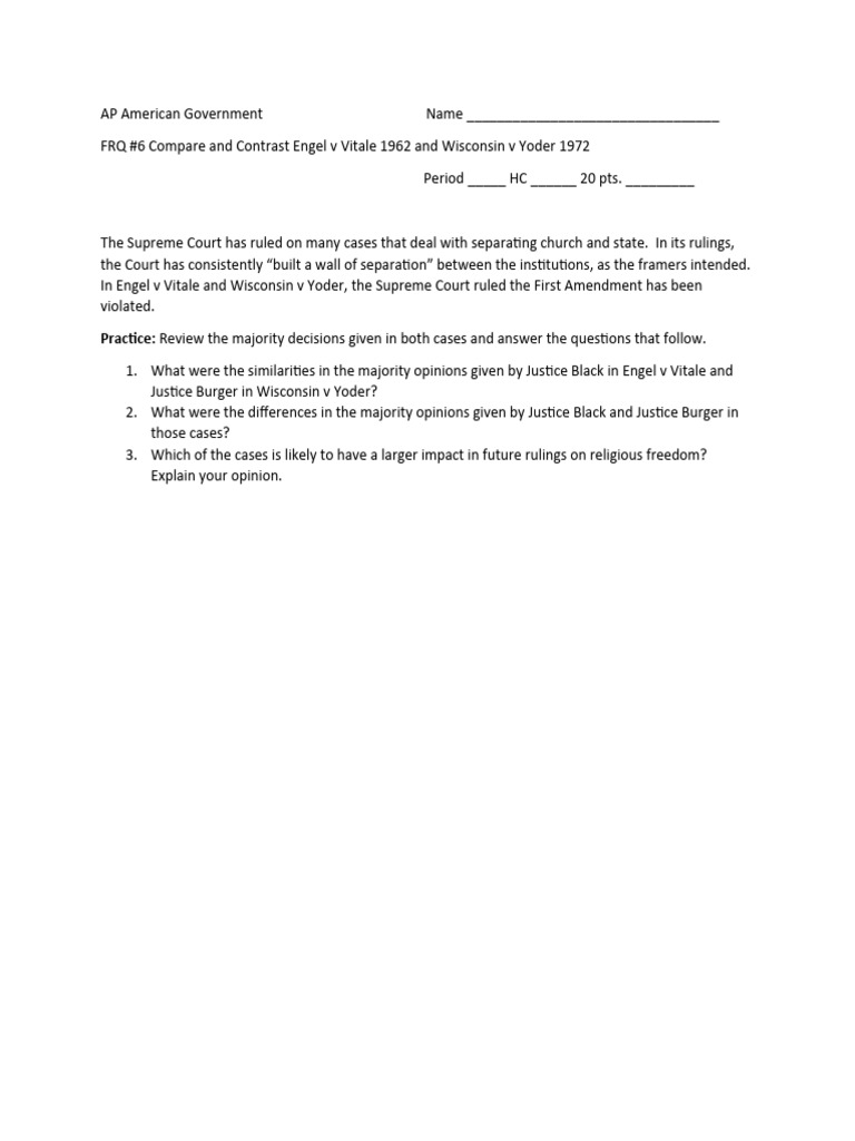 AP American Government FRQ #6 Compare and Contrast Engel and Wisconsin ...