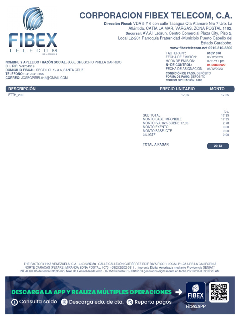 Corporacion Fibex Telecom, C.A.: Descripción Precio Unitario Monto | PDF