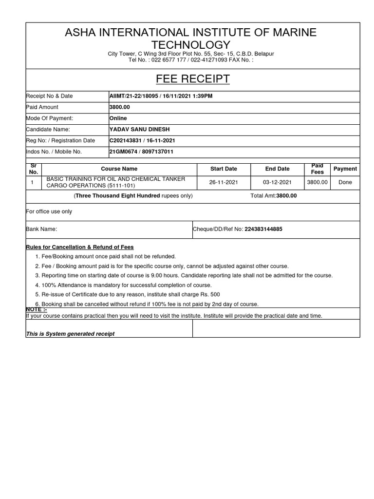 Online Fee Payment Receipt - 16112021081041 | PDF