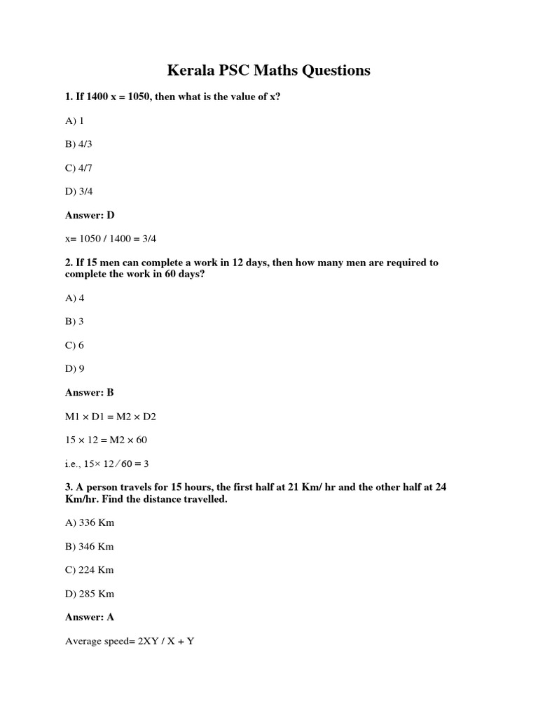 Kerala PSC Maths Questions | PDF | Speed | Physical Quantities