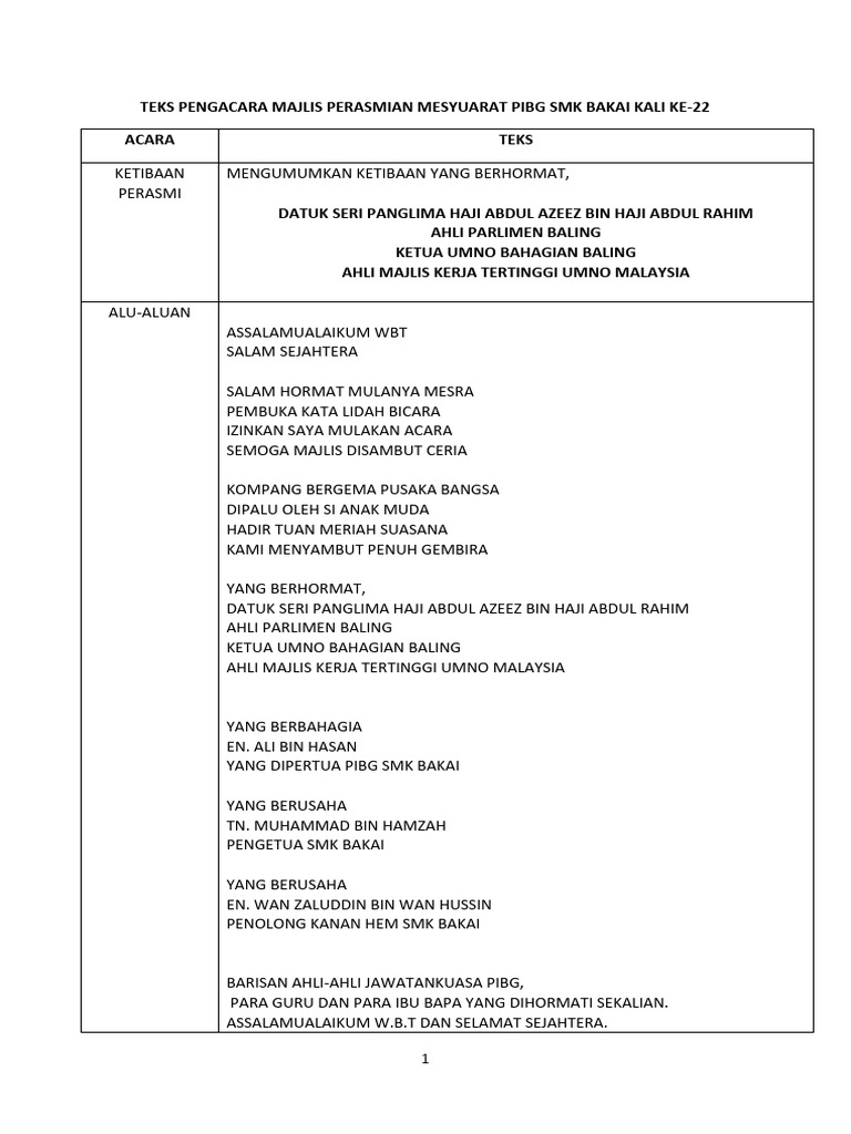 Teks Pengacara Majlis Perasmian Mesyuarat Pibg SMK Bakai Kali Ke22 | PDF
