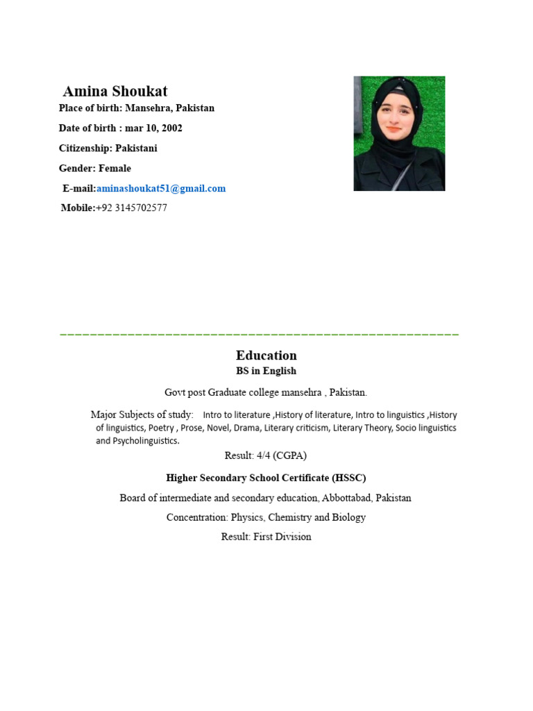 Amina Shoukat CV | PDF