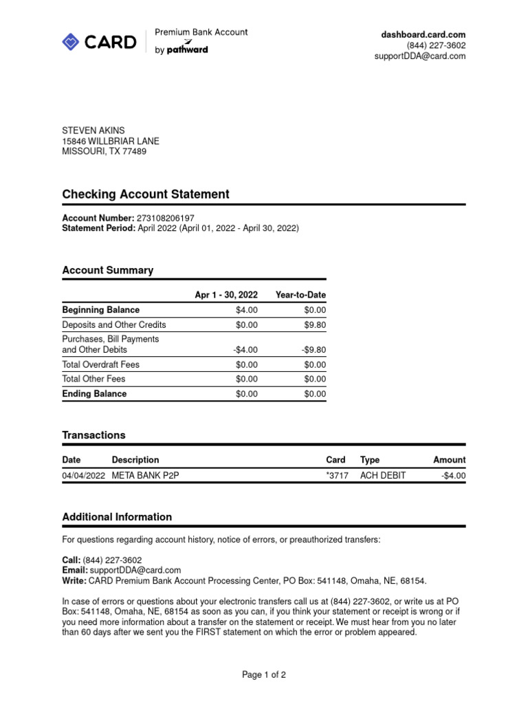 Checking Account Statement | Download Free PDF | Debit Card | Transaction Account